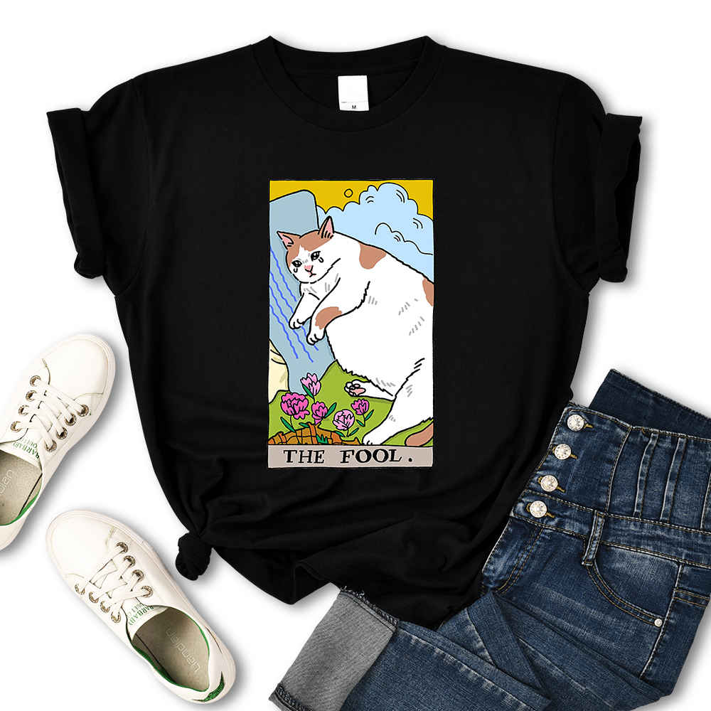 Camiseta de manga corta con estampado de gato triste para mujer, ropa ...