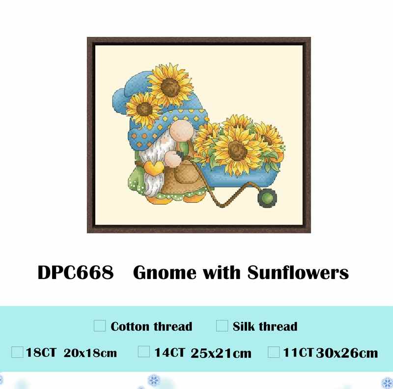 Kit de punto de cruz de Gnomo con girasoles, tela amarilla clara, hilo de algodón, bordado ...