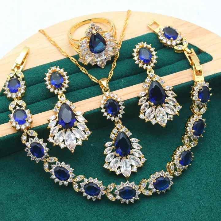 Conjunto de joyas de oro para mujer, lujoso cristal azul y blanco ...