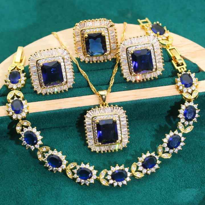 Juego de collar de joyería de Color dorado de circón azul para mujer ...
