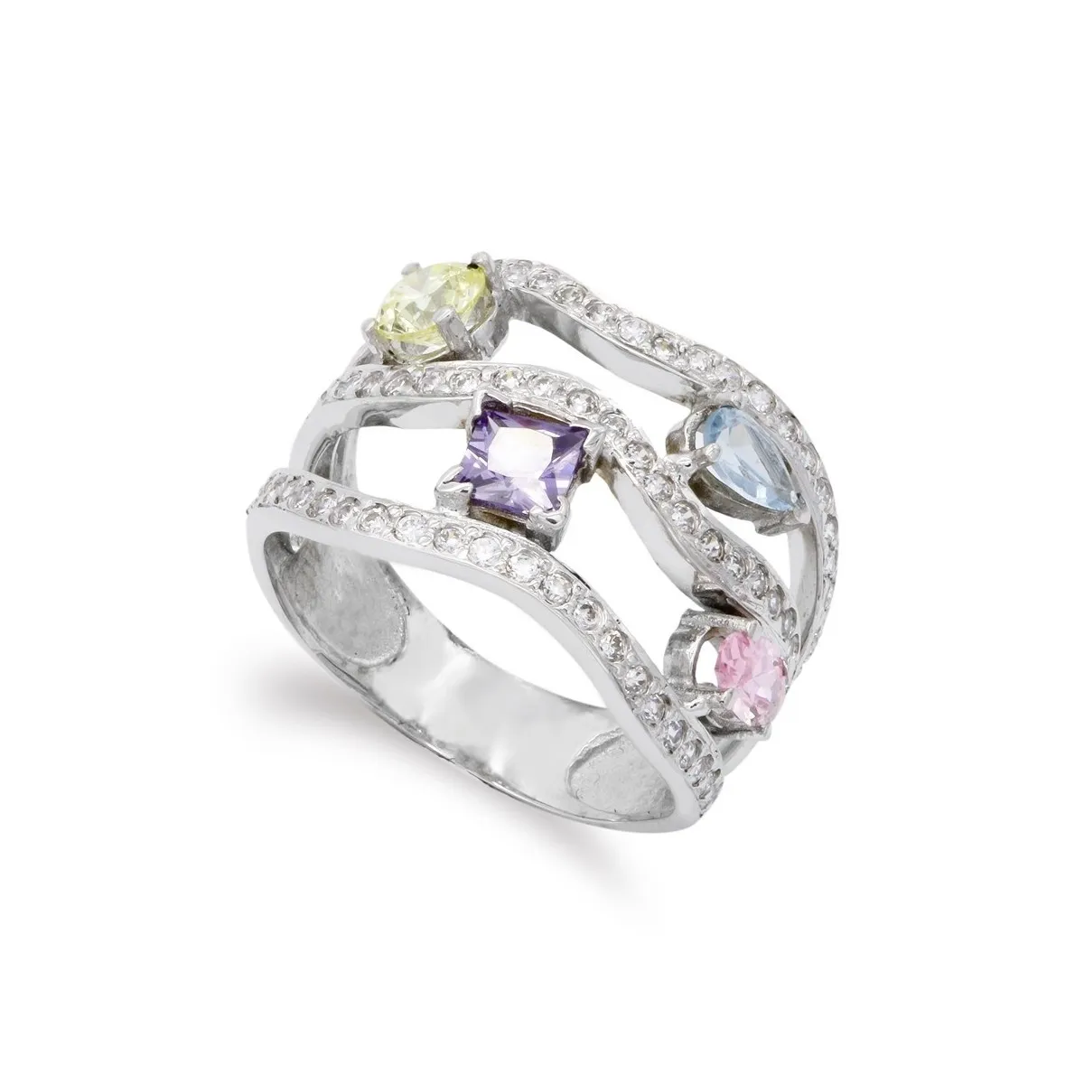 Sortija oro blanco 18k mujer circonitas formas combinadas caladas ...