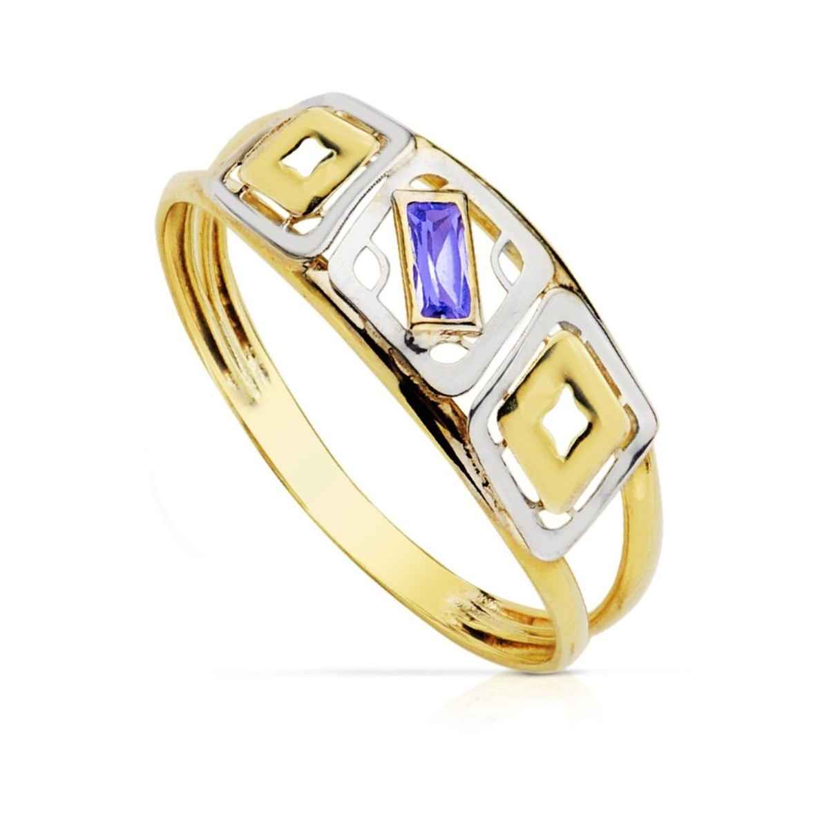 Sortija oro bicolor 9k mujer piedra amatista centro formas cuadradas ...