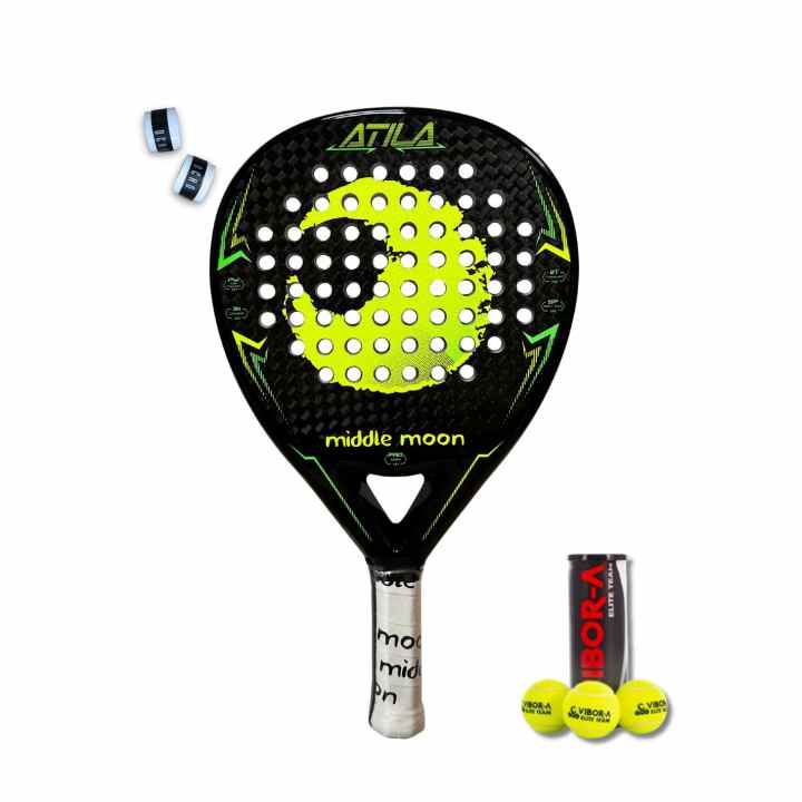 Pala de pádel Middle Moon ATILA CARBON 12k + 1 Bote de pelotas + 2 ...