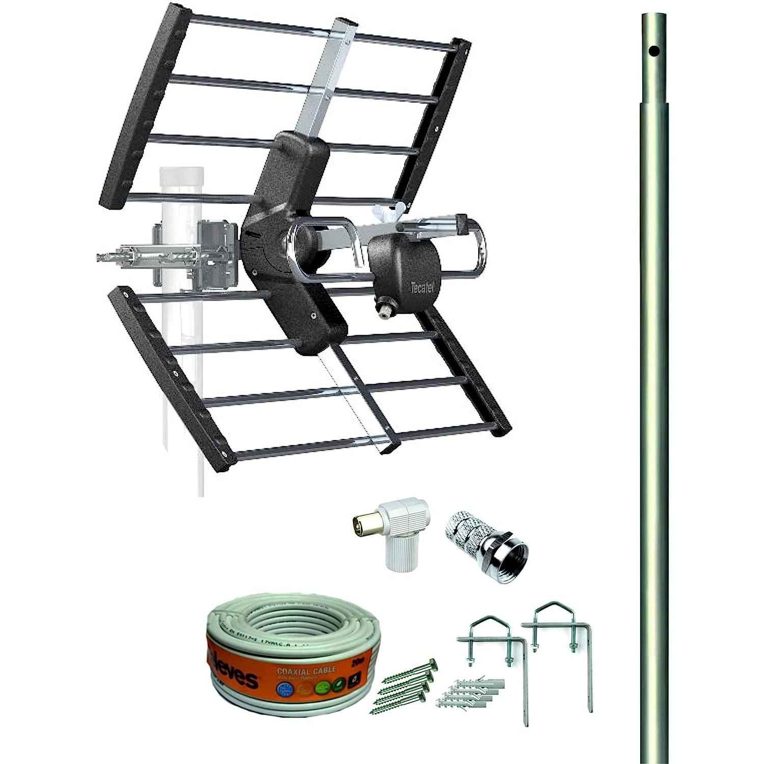 Kit Antena TV MINIHD 5G 13dB + MASTIL 1.2M + Cable 20M TELEVES + Conexiones + Garras Y Tacos ...