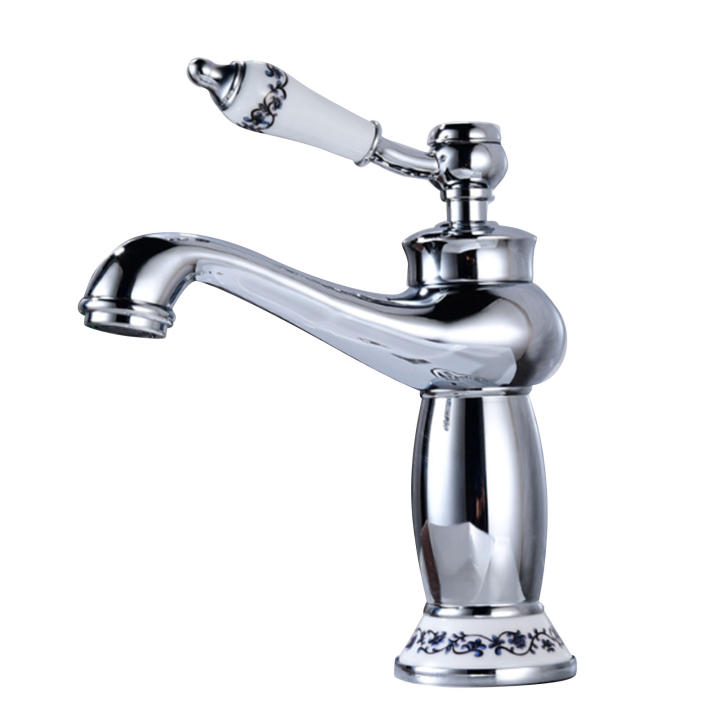 Ceramic Antique Brass Faucet Single Handle Blue White Porcelain Long ...