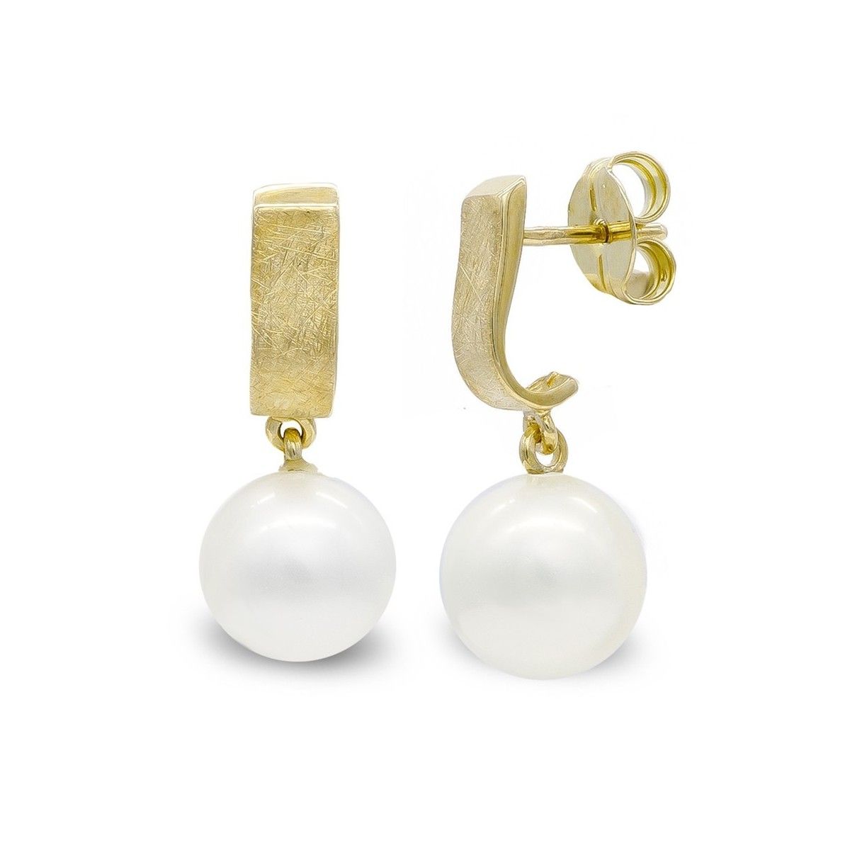 Pendientes oro 18k mujer perlas 10 mm. combinadas barras rayadas ...