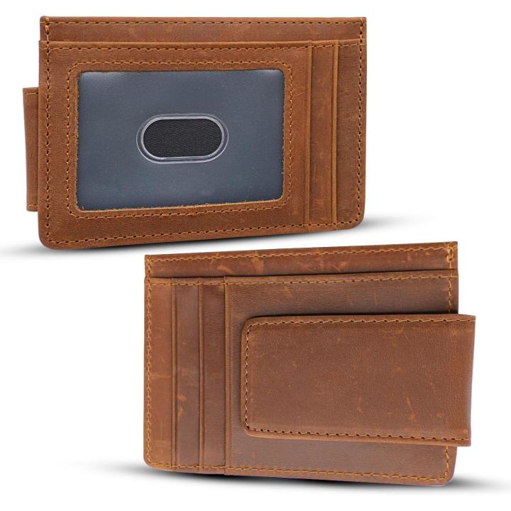 Cartera de cuero genuino con clip para billetes, cartera minimalista ...