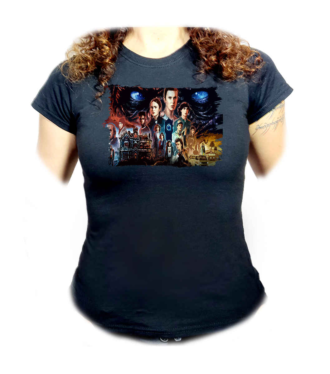 CAMISETA NEGRA MUJER raras cosas mundo reves miedo terror accion oferta ...