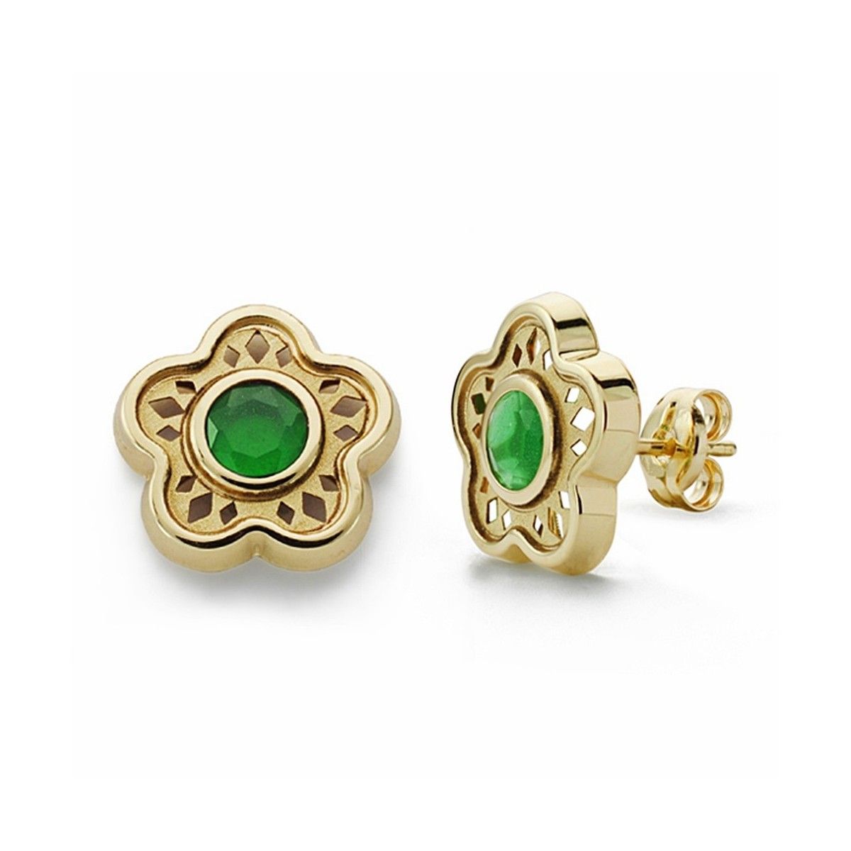 Pendientes oro 18k flor 11mm. piedra verde cierre presión [AA2086 ...