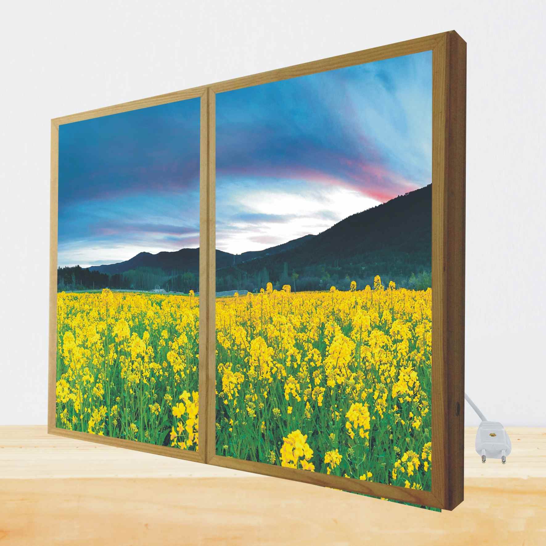 Ventana Falsa Retroiluminada con Luz Frontal y Marco de Madera Natural ...