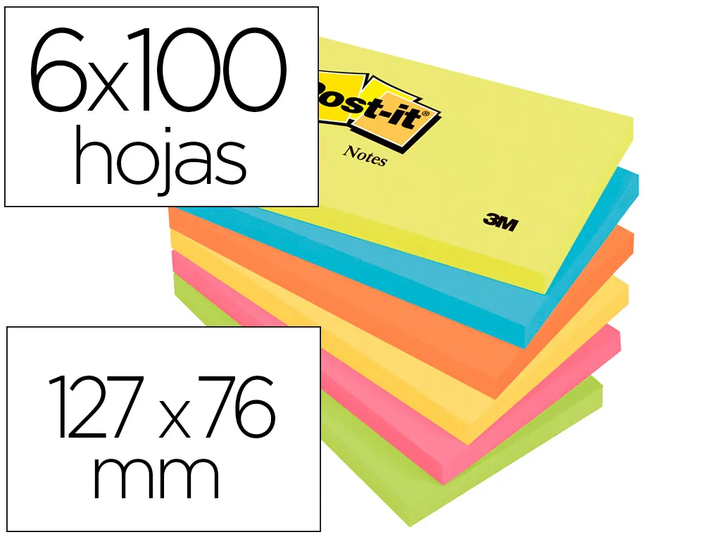 Bloc de notas adhesivas quita y pon post-it 76x127 mm neon pack de 6 ...