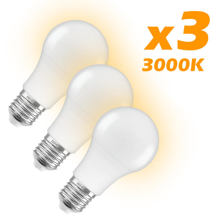 Bombilla led E27 luz blanco cálido 8,5W 3000K A60 rosca grande (x3). Lámpara estándar no ...
