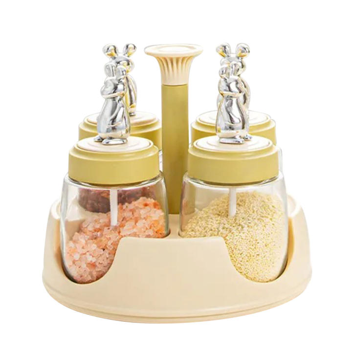 Yellow Rotating Spice Rack Salt Shaker with Lid Glass Flavoring Bottle ...