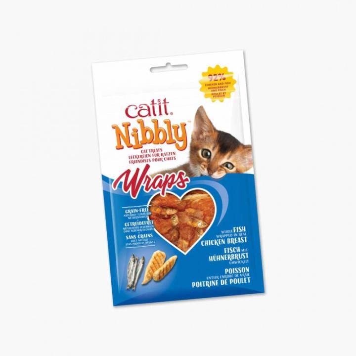 Snack seco para gato Catit nibbly wraps, pollo y pescado, 30g | Miravia