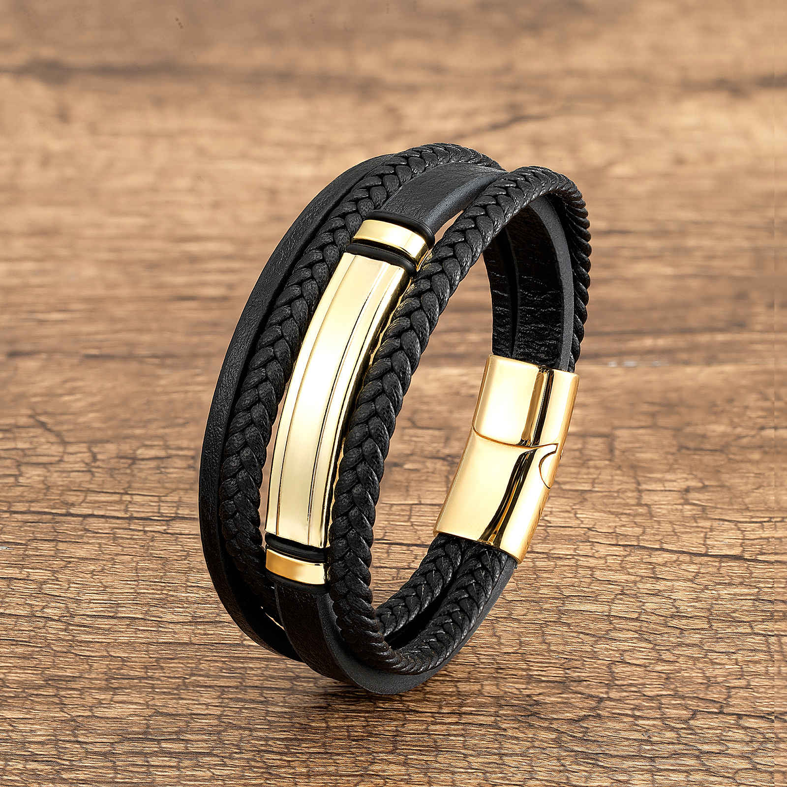 YANMIN-pulsera de cuero negra multicapa para hombre, accesorio ...