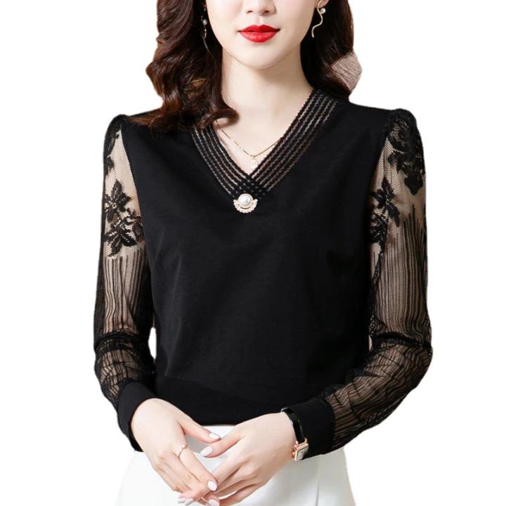 Blusa de manga larga con cuello en V para mujer, camisa con cuentas, gancho de encaje, empalme ...
