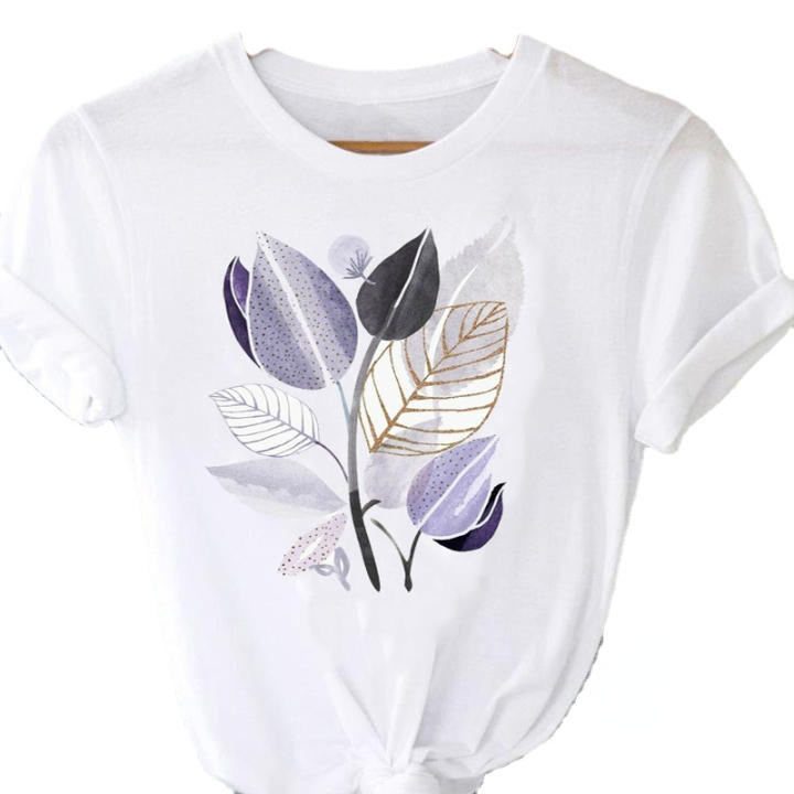 Camiseta blanca estampada para mujer, cuello redondo, manga corta | Miravia