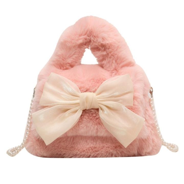 Bolso cruzado de felpa con lazo esponjoso, cadena de perlas Harajuku ...