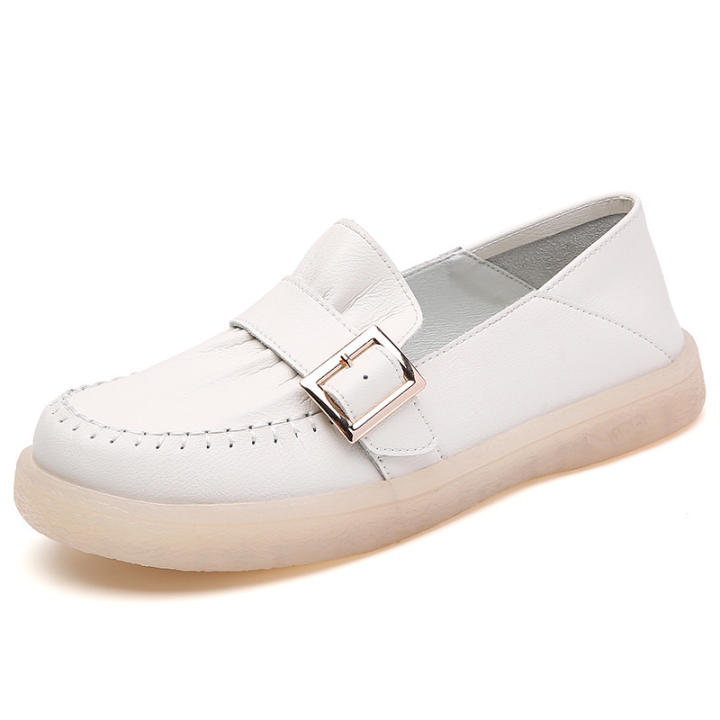 Zapatos de piel de vaca suave para mujeres embarazadas, zapatos de suela plana blanca pequeña ...