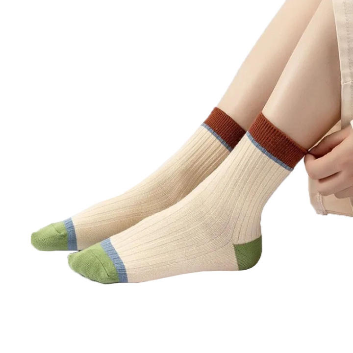 Calcetines a rayas para mujer, medias de tubo medio de Color sólido ...