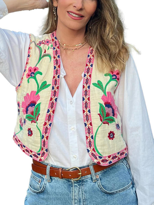 KONDALA-Chaleco Vintage con bordado de flores para mujer, chaqueta ...