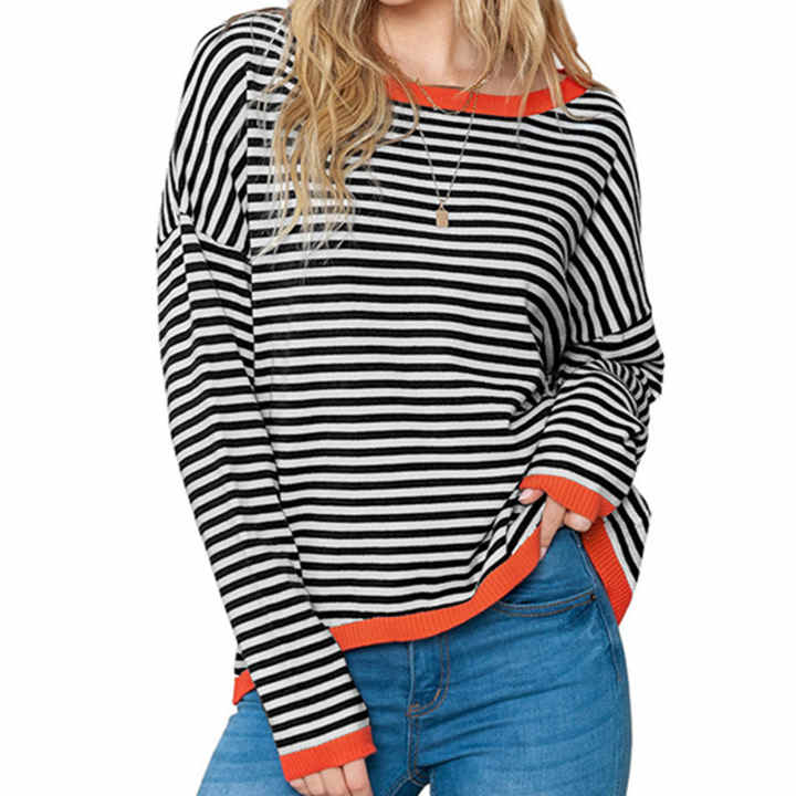 Suéter a rayas de manga larga para mujer, suéter de hombro caído, Color ...