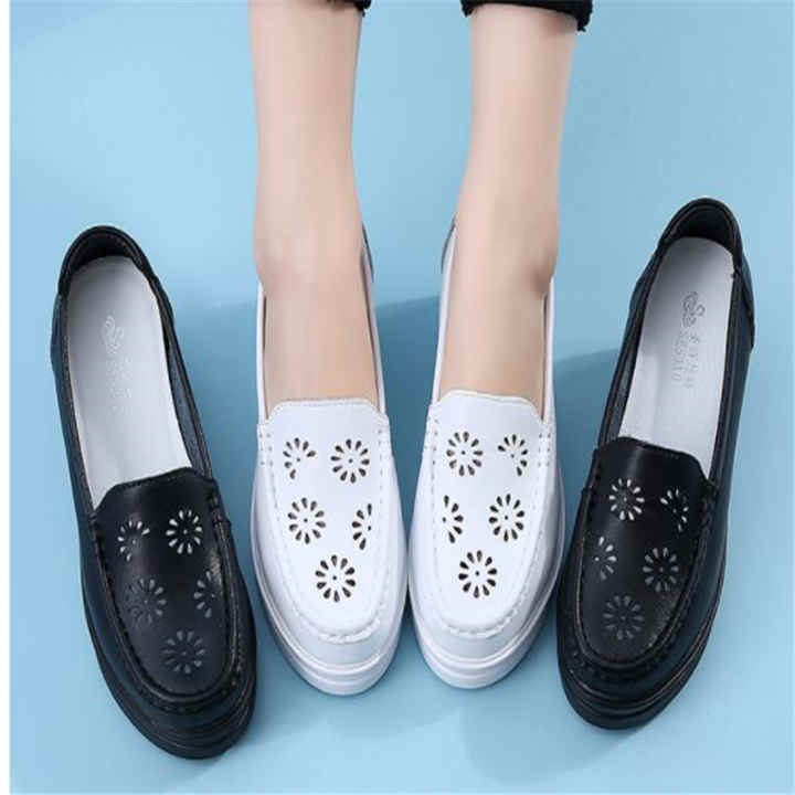 Zapatillas de deporte de cuero genuino para mujer, zapatos de plataforma, cuñas blancas, zapatos ...