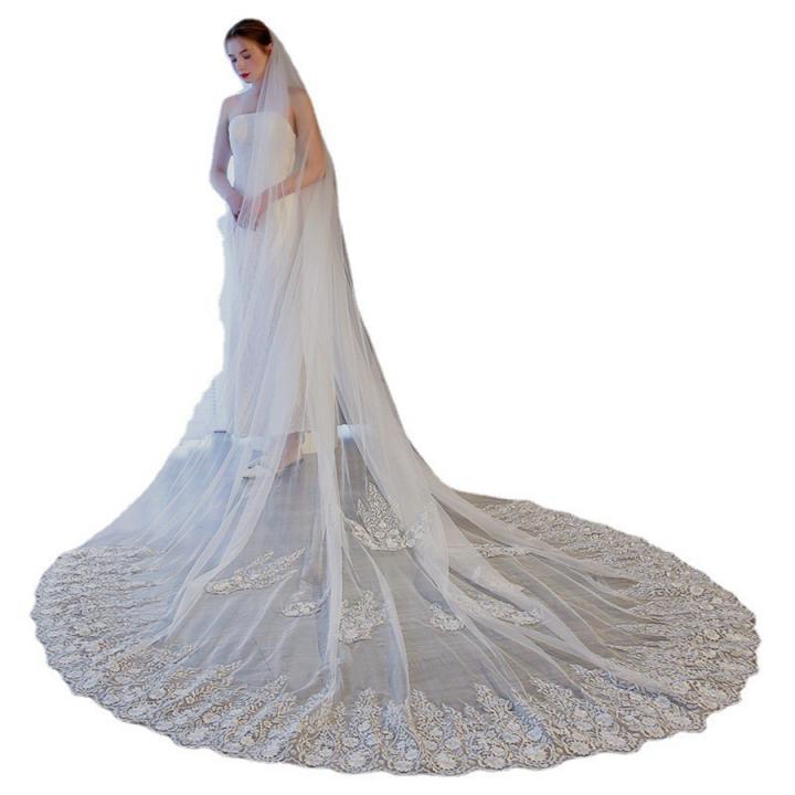 Velos de boda de catedral de marfil blanco, borde de encaje, accesorios nupciales, velo de novia ...